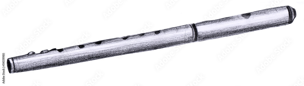 Poster Pencil drawing of vintage fife (small flute) on white background ...