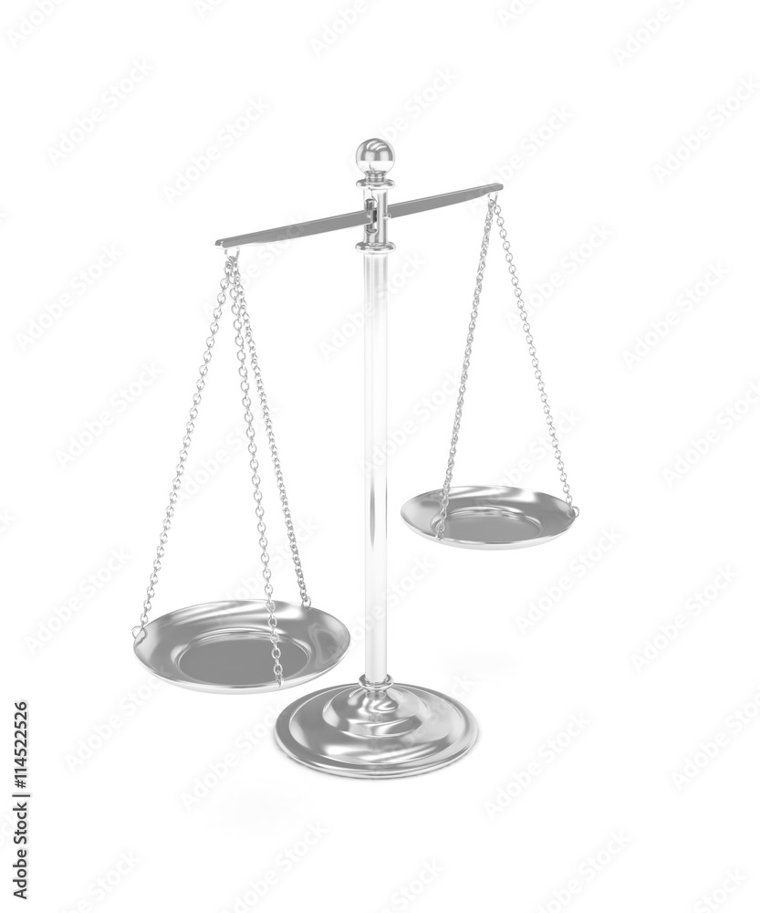 Isolated white silver scales on white background. Symbol of judgement ...