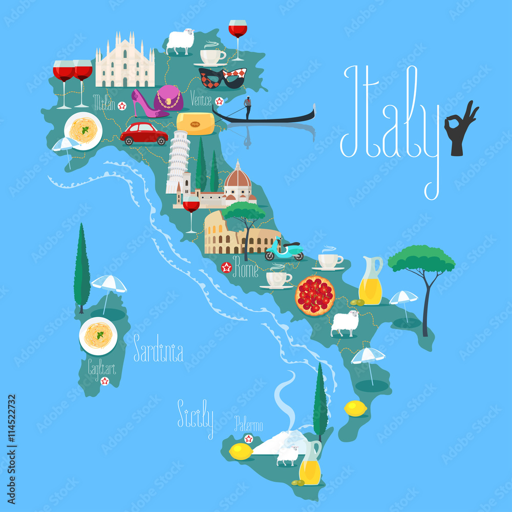 Map of Italy vector illustration, design. Icons with Italian landmarks ...