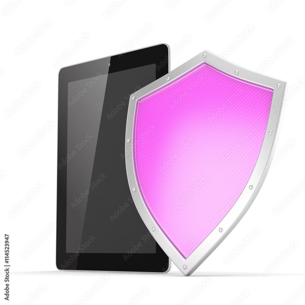 Tablet PC and shield on white device security concept. 3d rendering ...