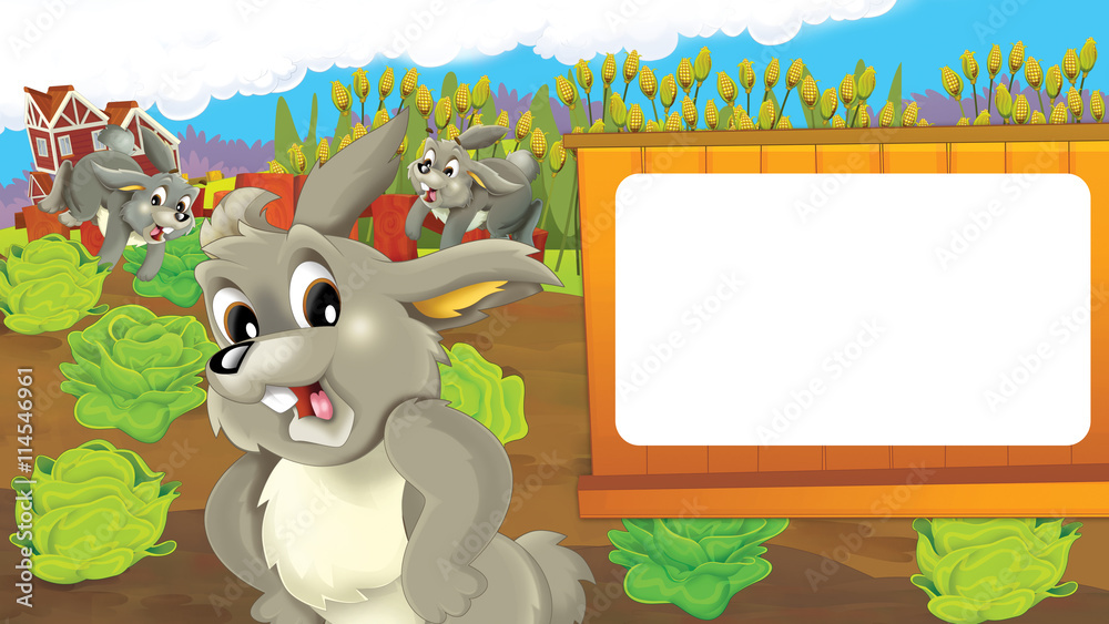 Cartoon farm scene - happy rabbit is standing and looking the vegetable ...