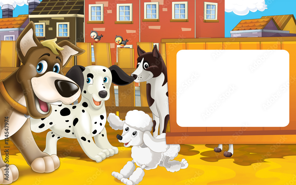 Cartoon farm scene - group of dogs having fun together - space for text ...