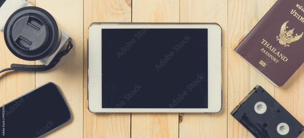 Blank Tablet screen for travel and vacation background. Stock Photo ...