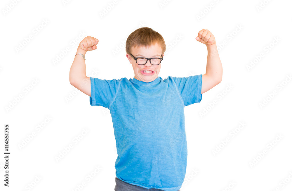 Boy With Downs Syndrome Flexing His Muscles Stock Photo | Adobe Stock