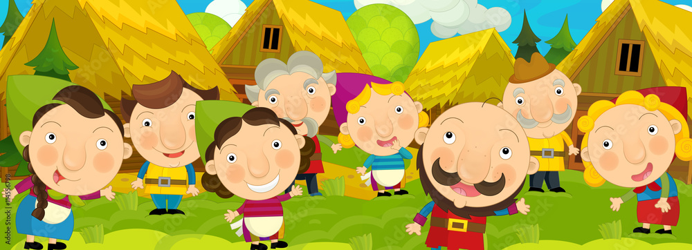 Cartoon scene in the old village - happy villagers altogether ...