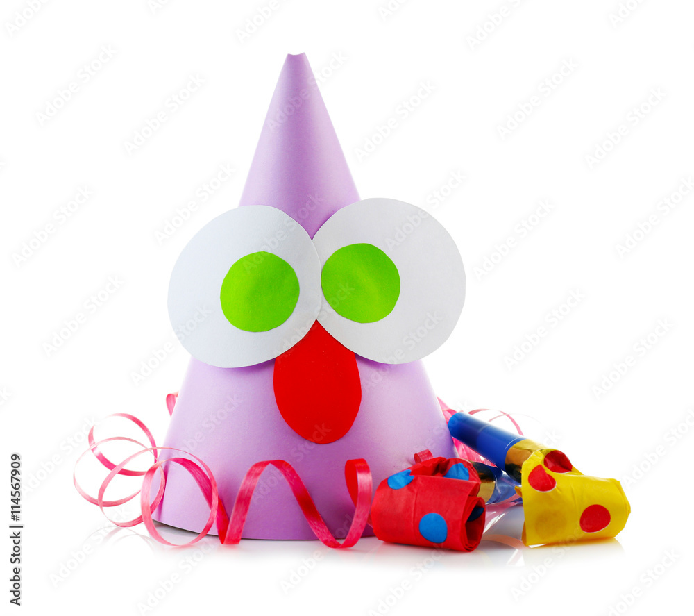 Funny party hat with blowers on a white background Stock Photo | Adobe ...