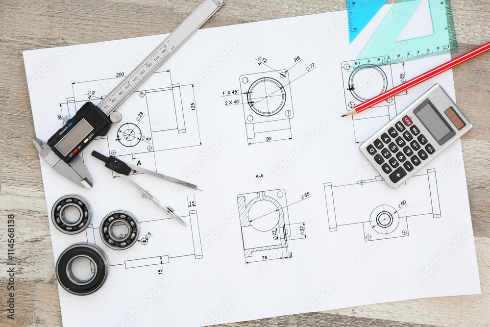 Engineering drawings of parts with tools, top view Stock Photo | Adobe ...