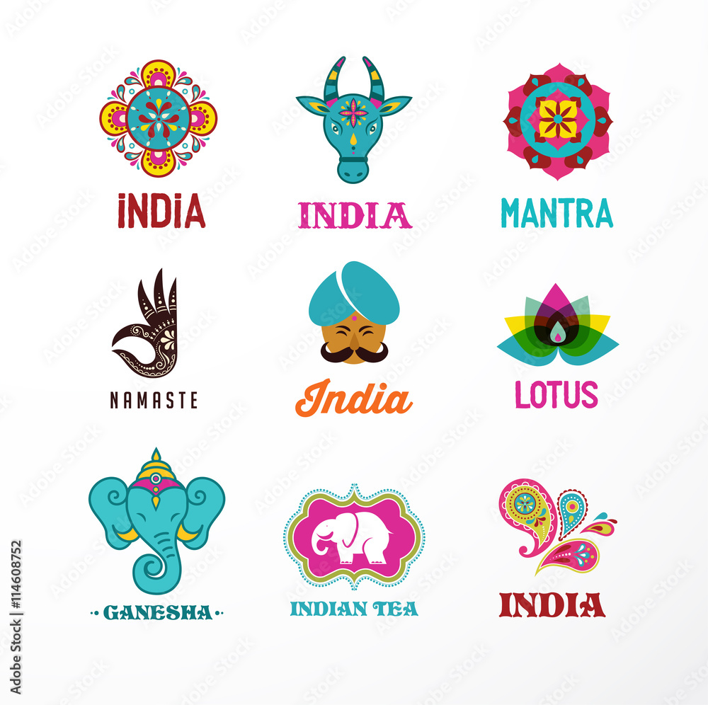 India - set of Indian icons. Ganesh, lotus, elephant mandala and cow ...