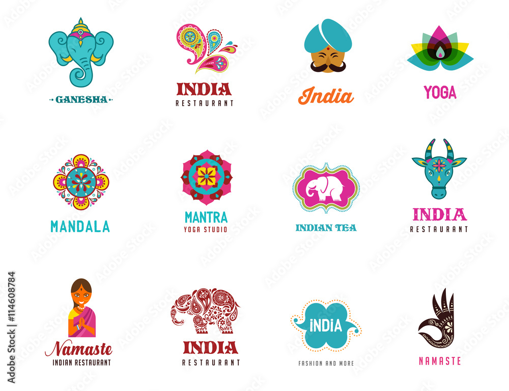 India - set of Indian icons. Ganesh, lotus, elephant mandala and cow ...