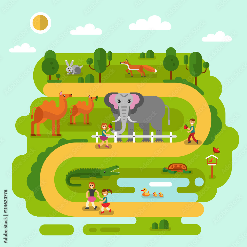 Flat design vector illustration of animals in the Zoo. Elephant, fox ...