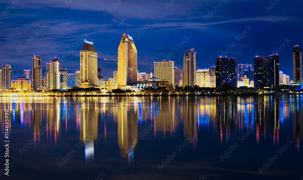 View from Coronado Island of downtown San Diego night time skyline ...