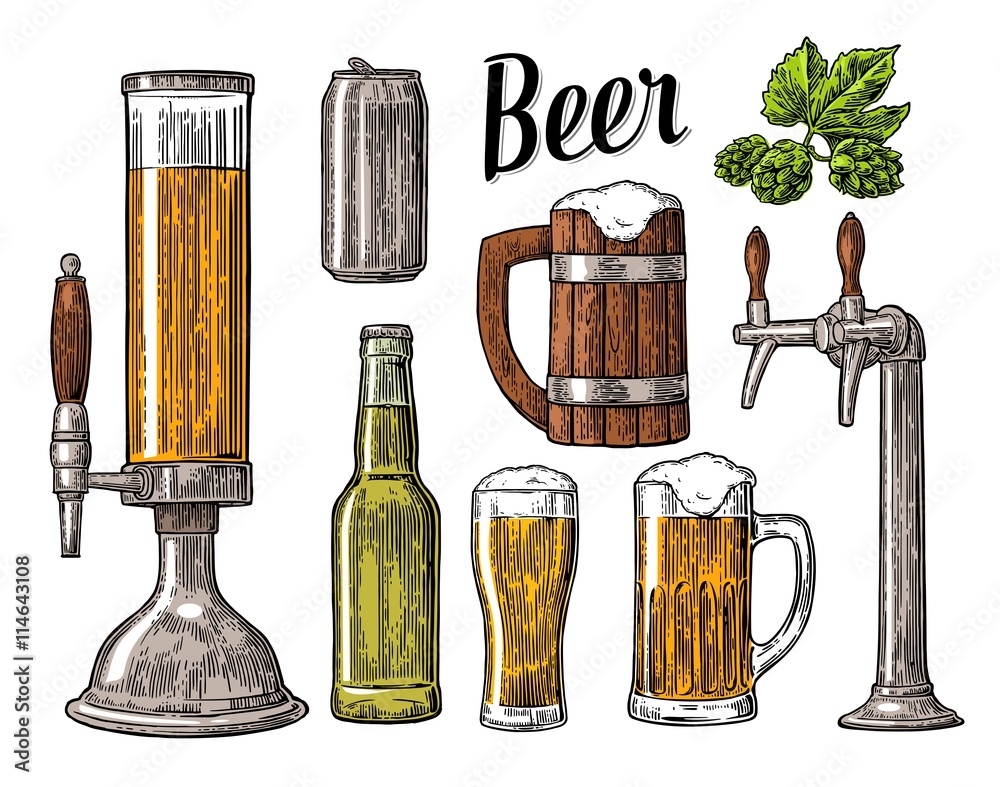Beer class, can, bottle, barrel. Vintage vector engraving illustration ...