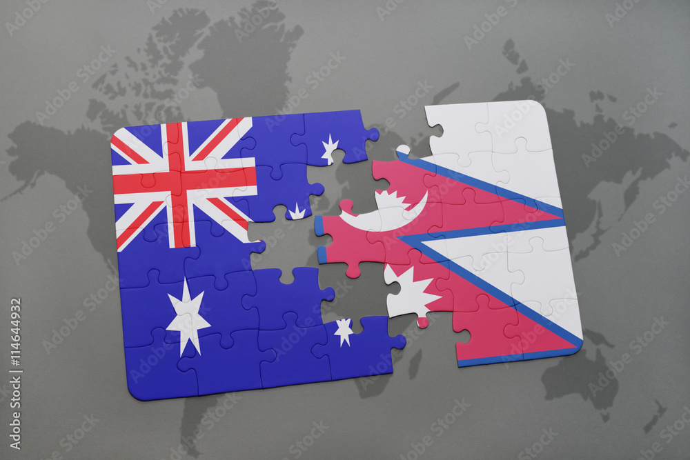 puzzle with the national flag of australia and nepal on a world map ...