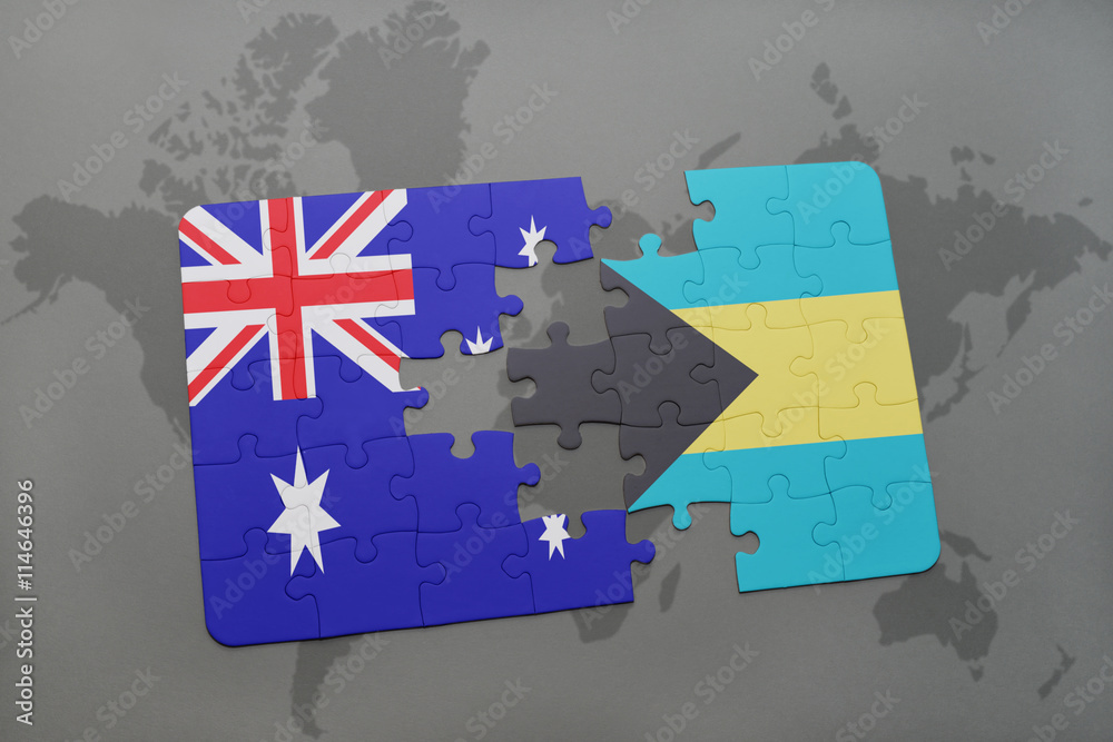 puzzle with the national flag of australia and bahamas on a world map ...