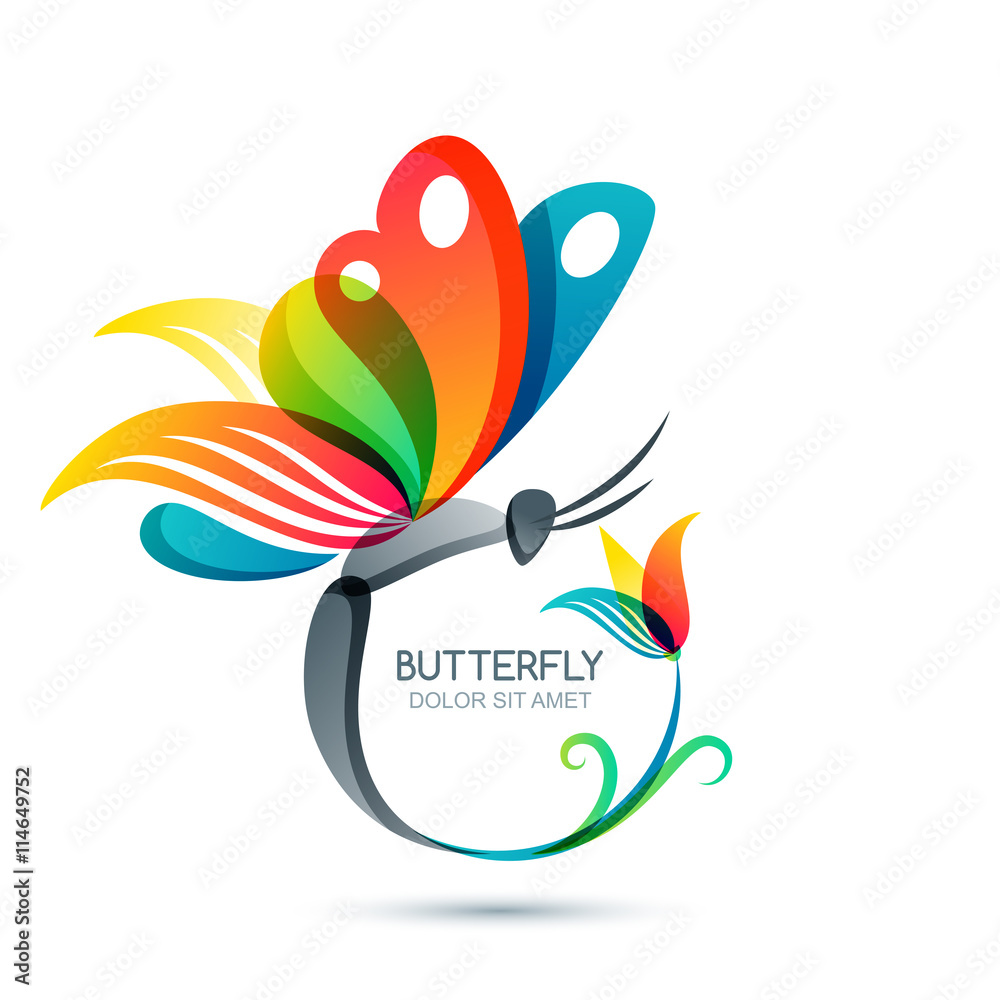 Colorful butterfly and flower, vector isolated illustration. Round ...