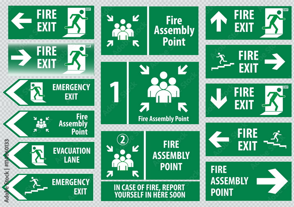 Set of emergency exit Sign (fire exit, emergency exit, fire assembly ...