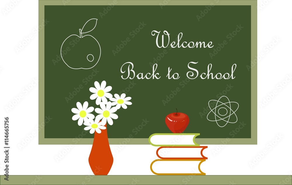 Dark green blackboard with white lettering Welcome Back to School red ...