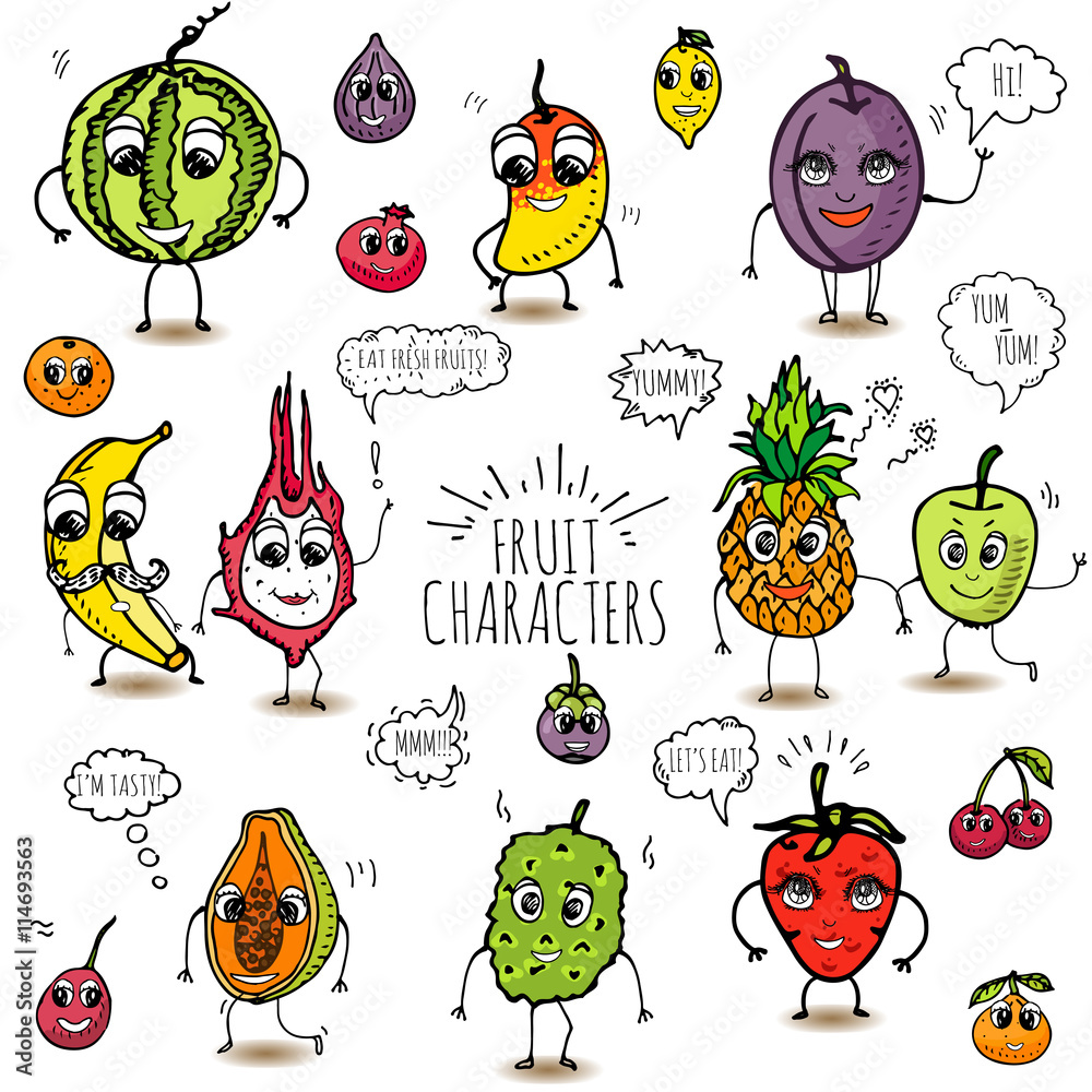 Funny hand drawn fruit characters isolated on white background Fruit ...