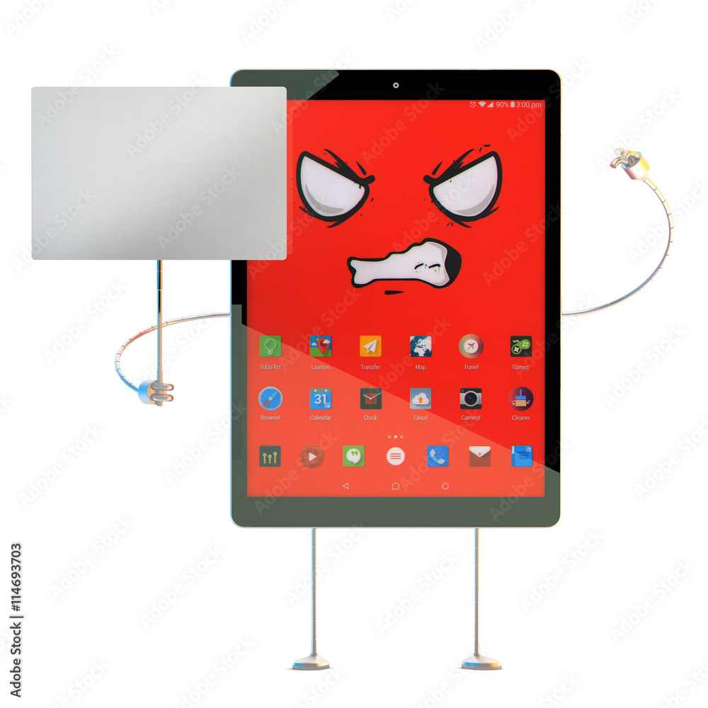 Angry Tablet cartoon character with blank banner. 3D illustration ...