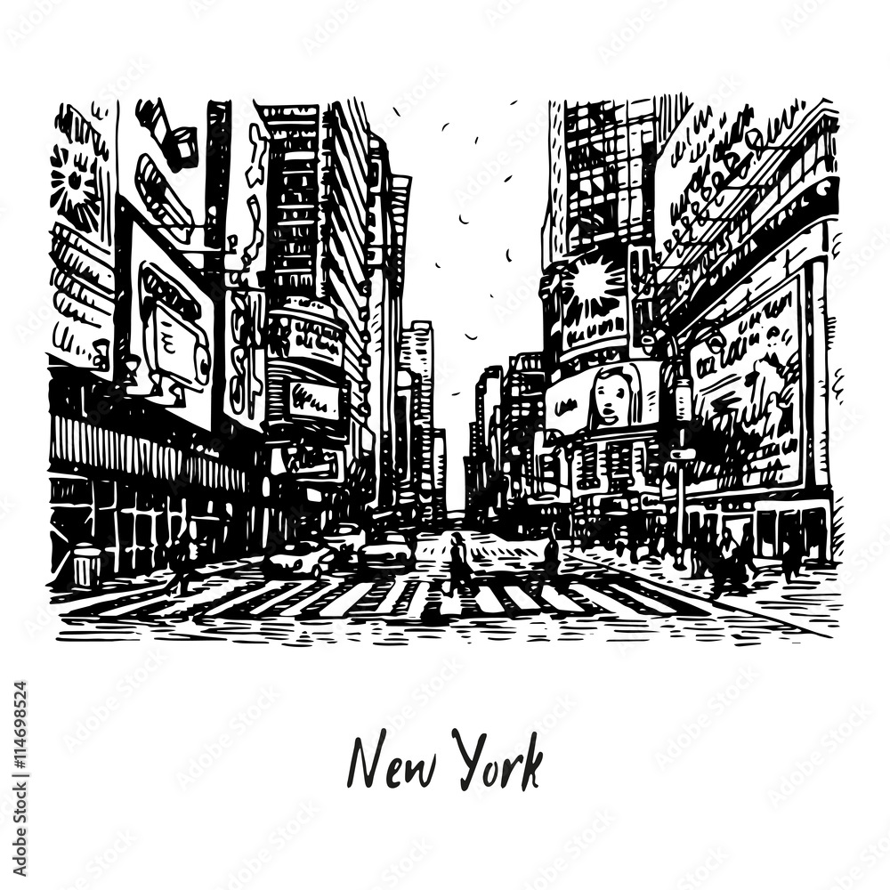 Times Square in New York, USA. Sketch by hand. Vector illustration ...