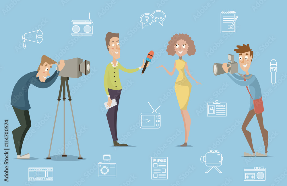 Journalists, reporters, cameraman, photographer. Collection of cartoon ...