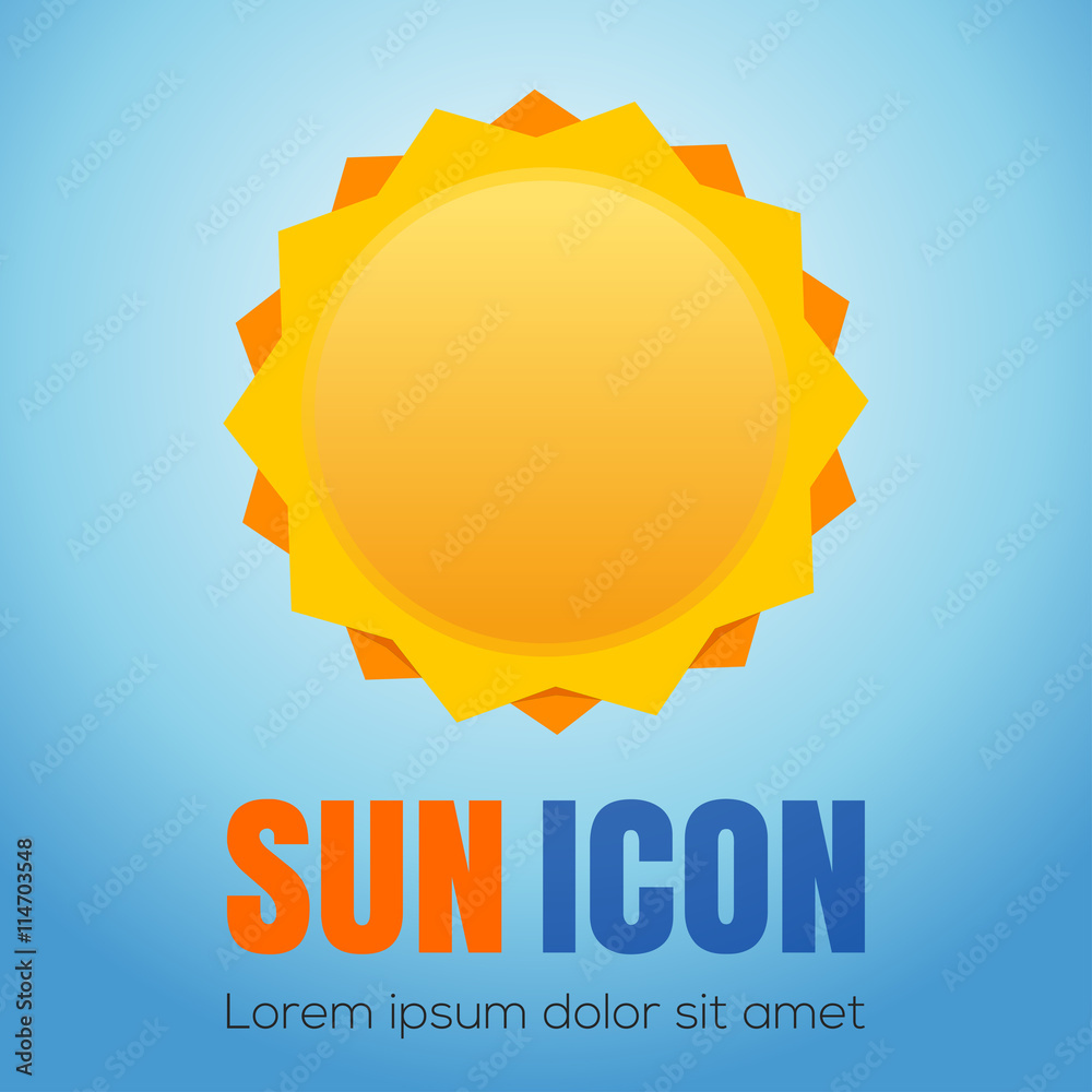 Sun logo isolated on a sky blue background. Cute cartoon sun. Label ...