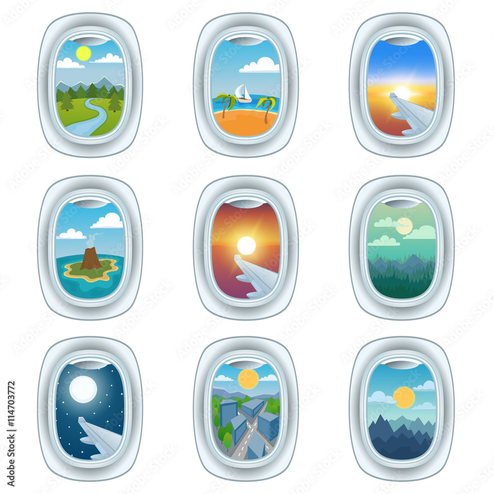 Group of airplane windows with different views. Airplane window view ...