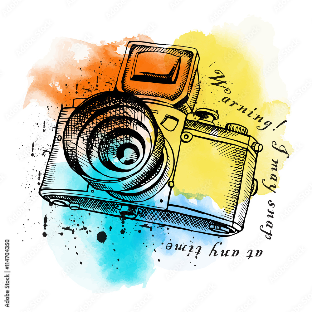The poster with the image of the camera. Vector illustration. Stock ...