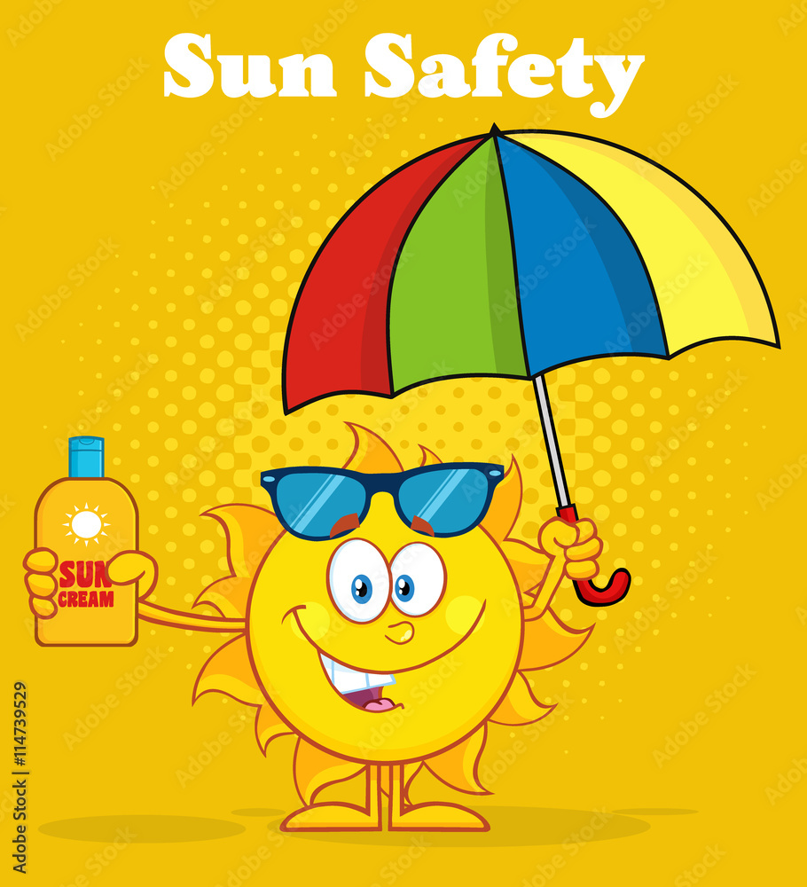 Cute Sun Cartoon Mascot Character Holding A Umbrella And Bottle Of Sun ...