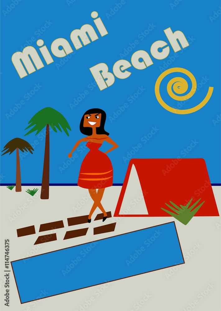 Vintage retro Miami Beach colored poster vector. Stock Illustration ...