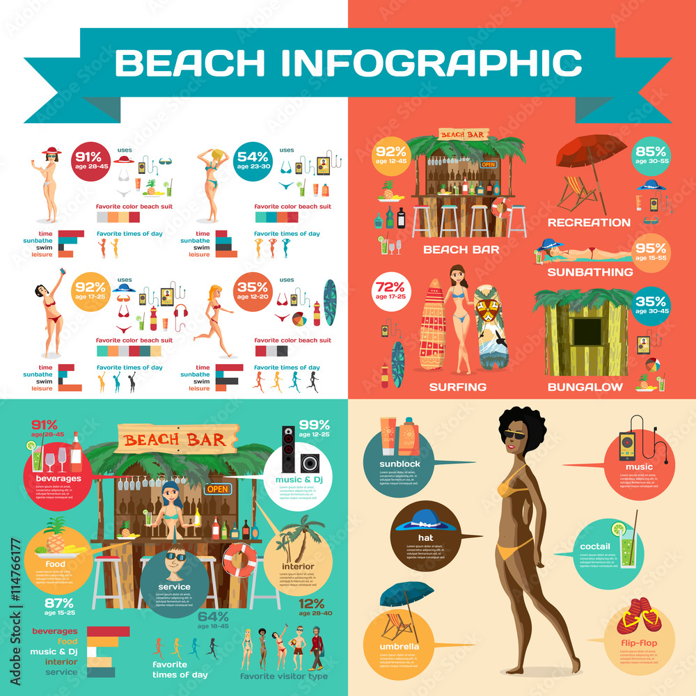 Vector Infographic set flat cartoon design about beach. Characte Stock ...