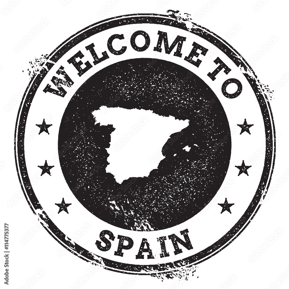 Vintage passport welcome stamp with Spain map. Grunge rubber stamp with ...