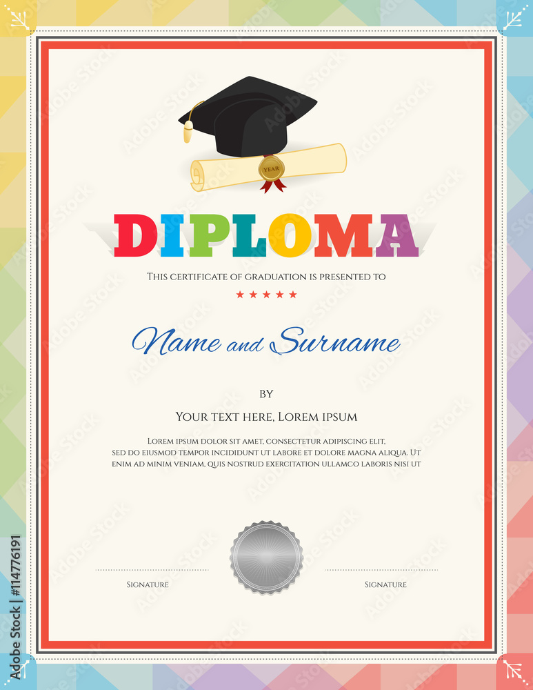 Colorful diploma certificate template in vector with graduation cap ...