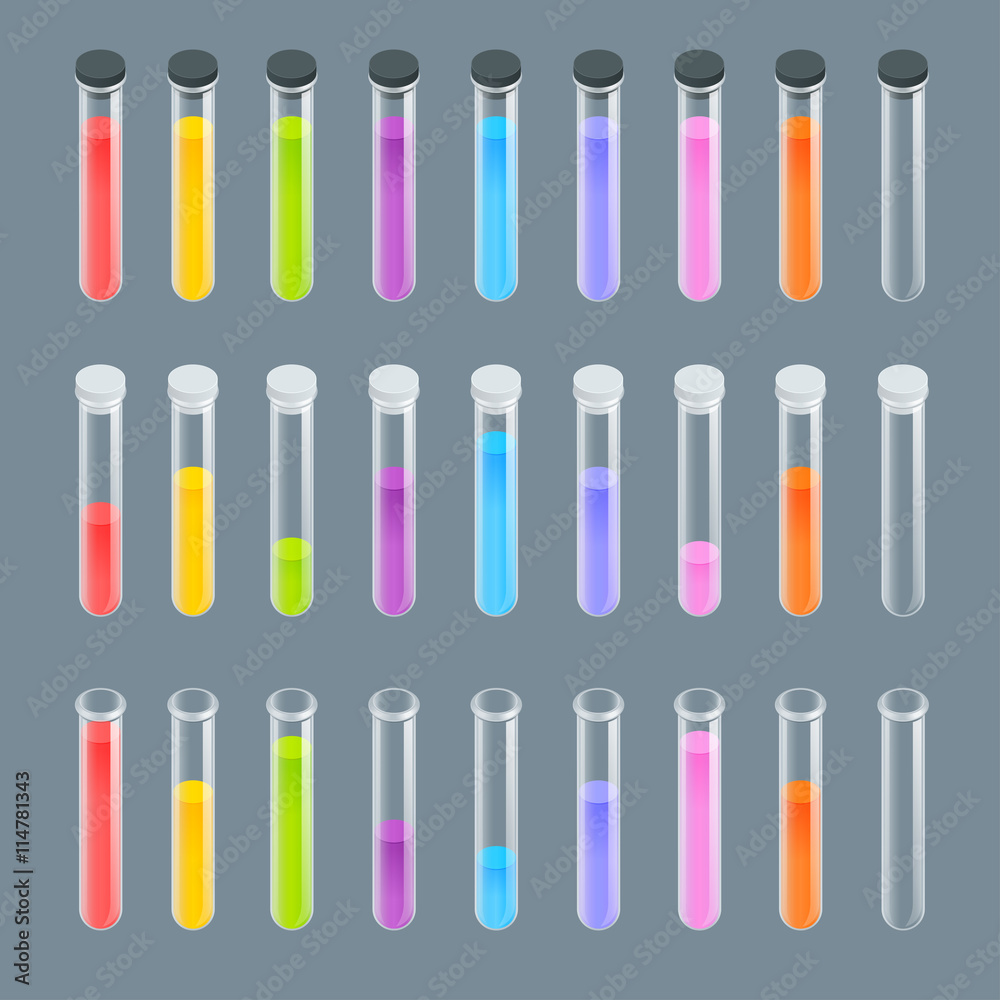 Chemical test tube pictogram icons set. Erlenmeyer flask, distilling ...