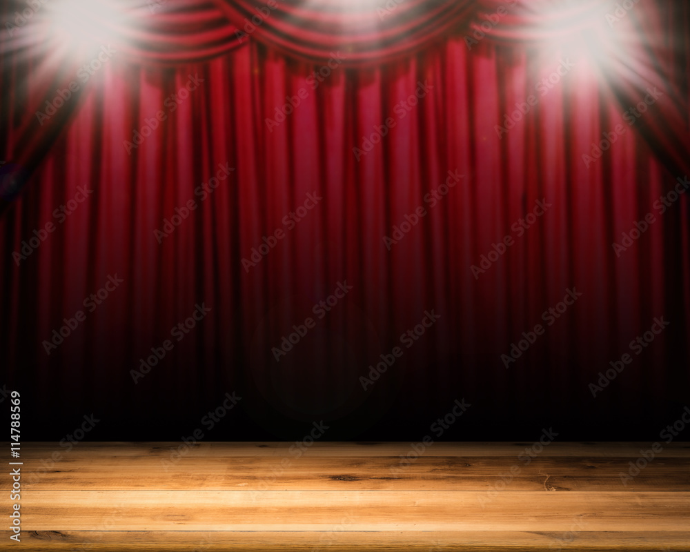 blank stage with shining flash light and red curtain background Stock ...