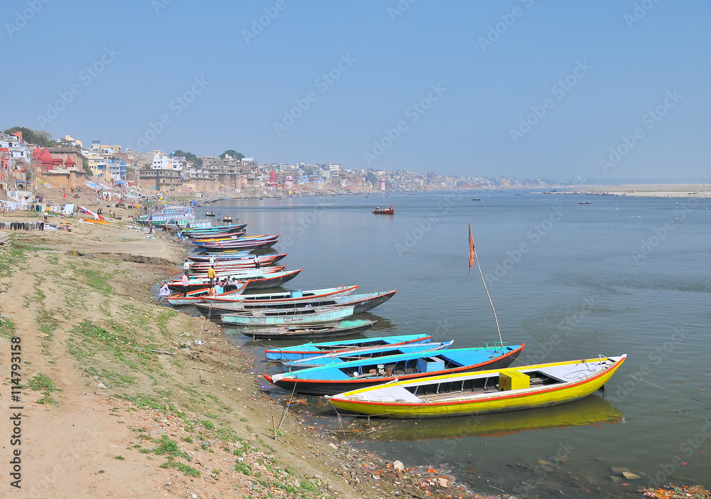 Varanasi city landscape - view from the Ganga river, India, morning ...