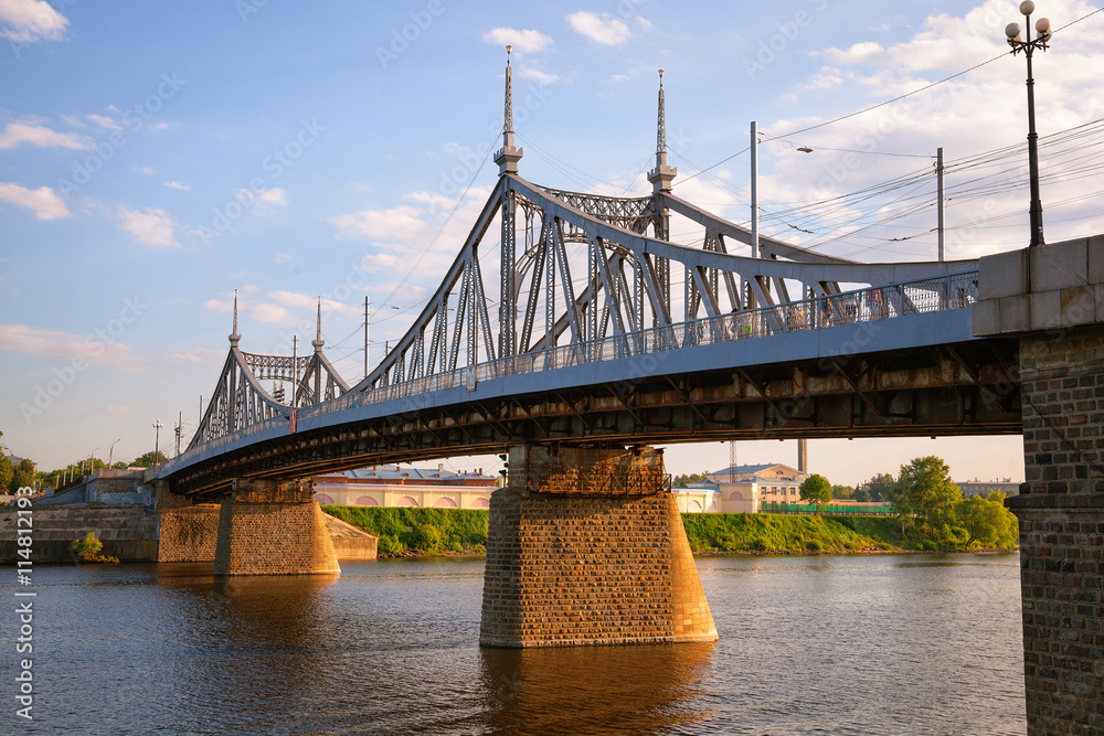 Beautiful bridge in Tver, Russia. The old Volga bridge across the Volga ...