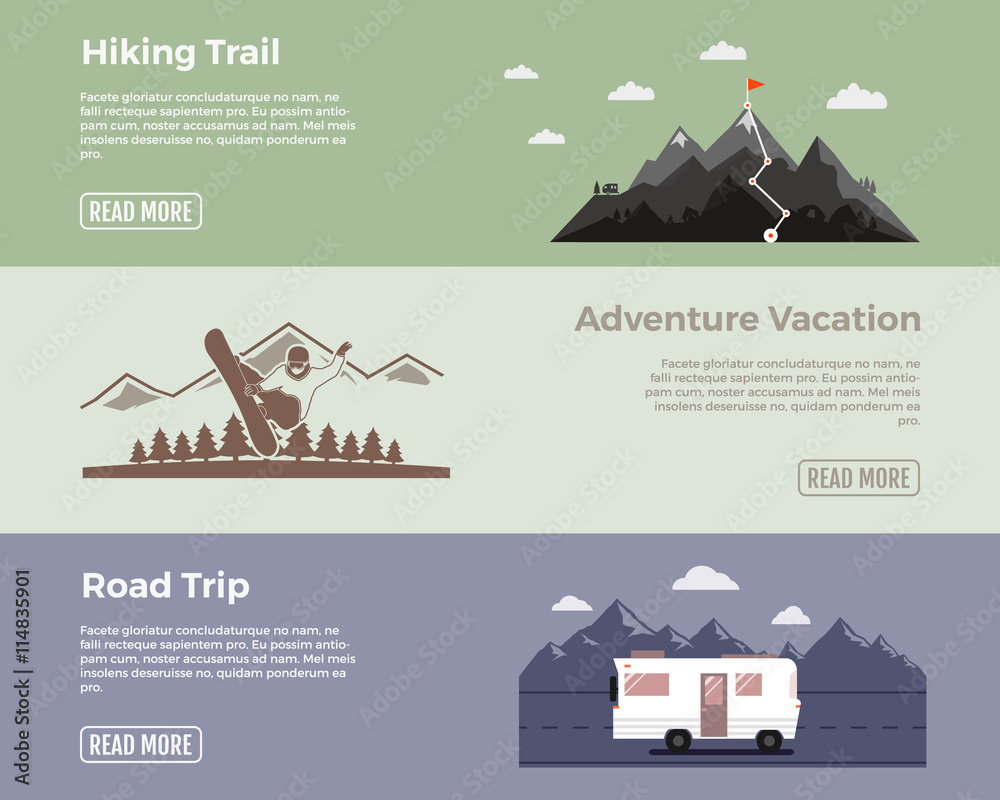 Camping vector flat banners set. Adventure hiking trail banner, extreme ...