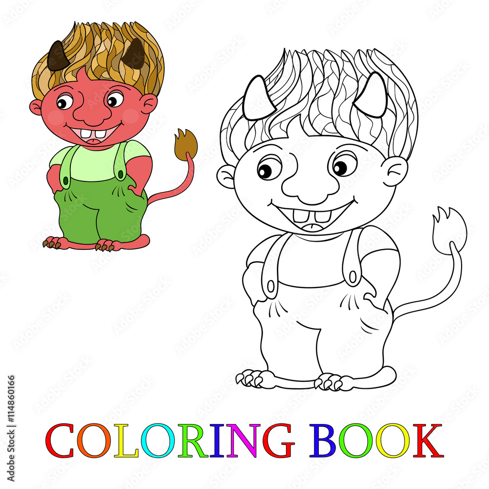 Cartoon devil color and contour, coloring book. Vector illustration ...