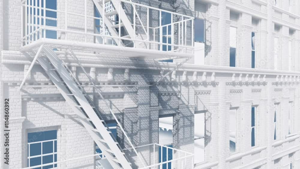 Fire escape staircase on abstract white multi-storey residential ...