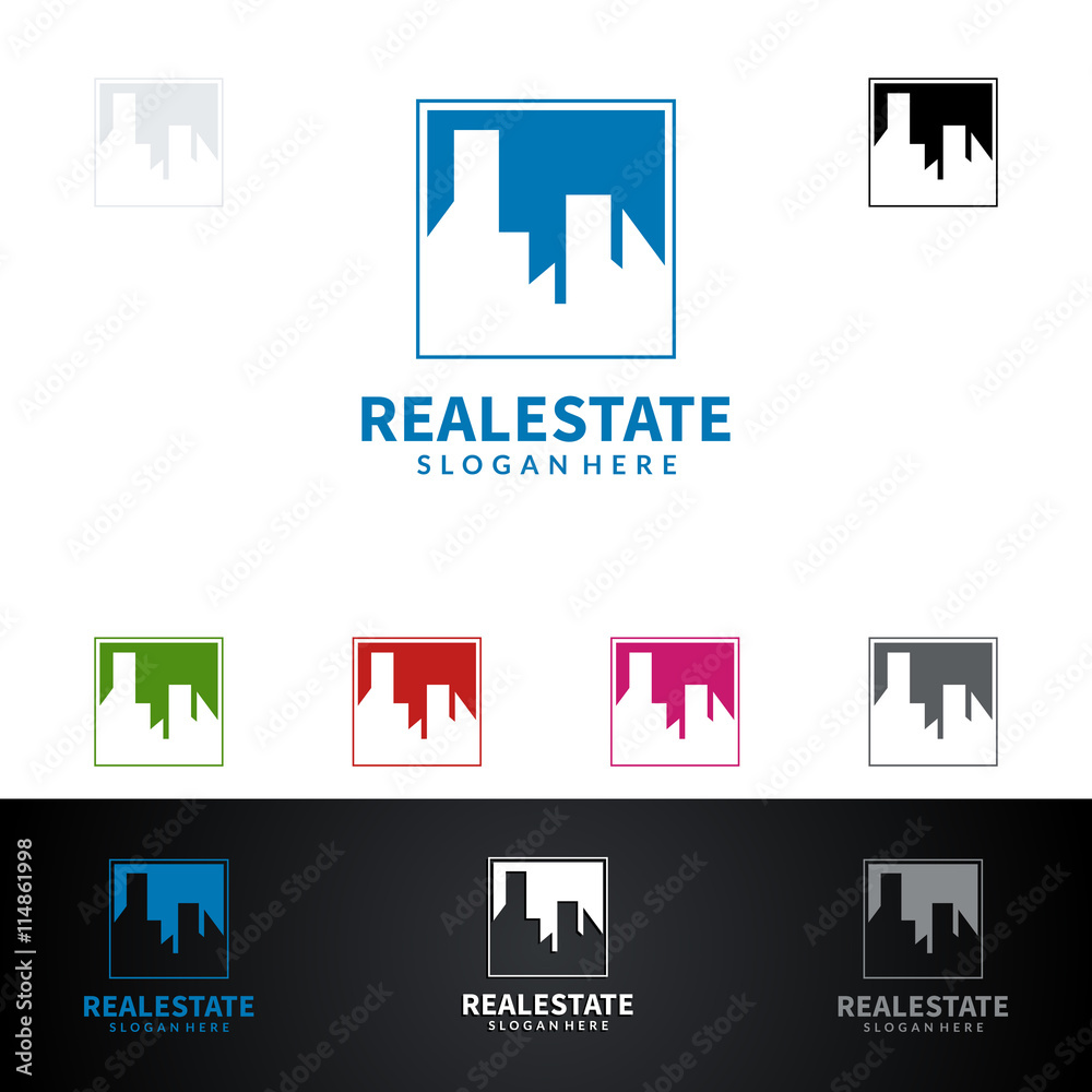 Real estate vector logo design, with square line shape and negative ...