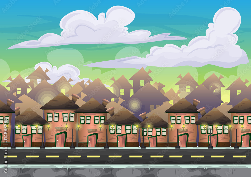 Cartoon vector city sky with separated layers for game and animation ...