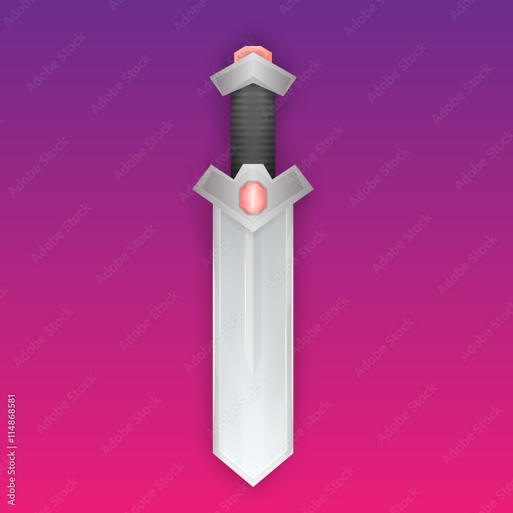 Cartoon sword for game with red gem and black handle, vector ...
