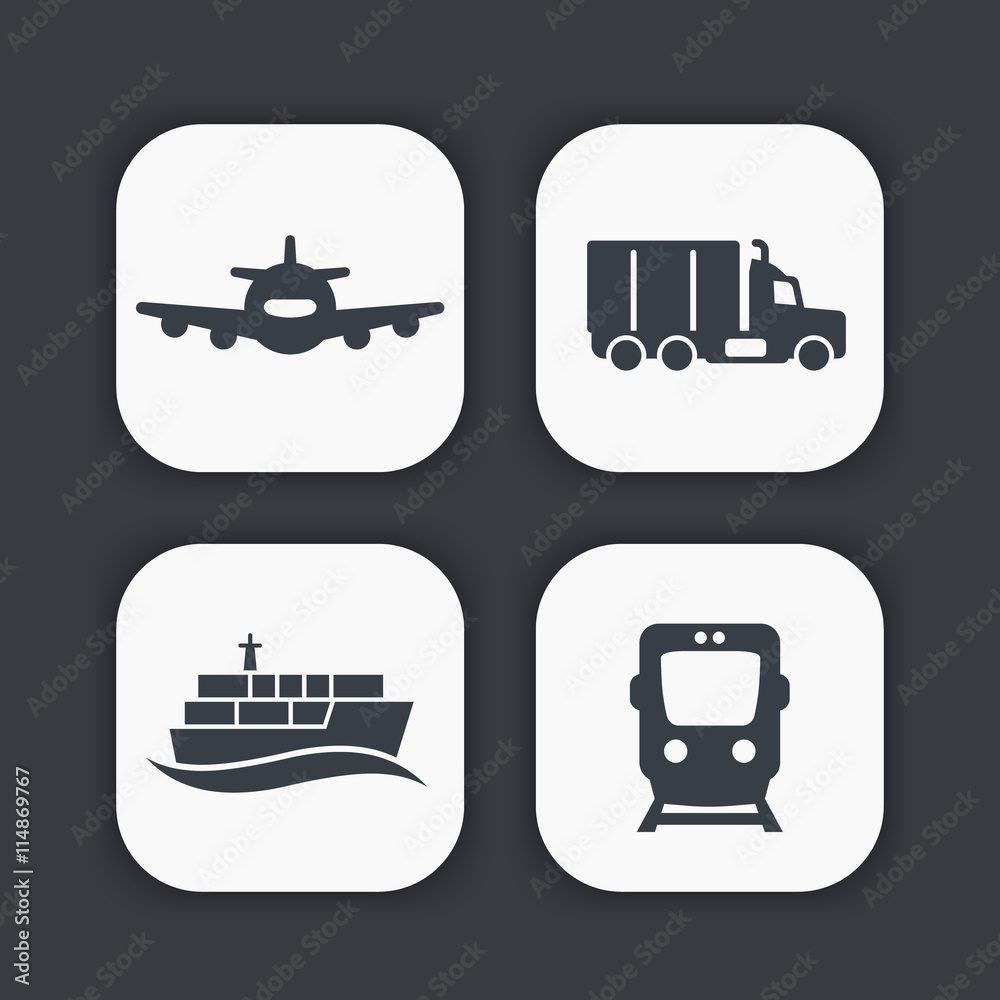 transportation industry icons, truck, cargo train, air transportation ...