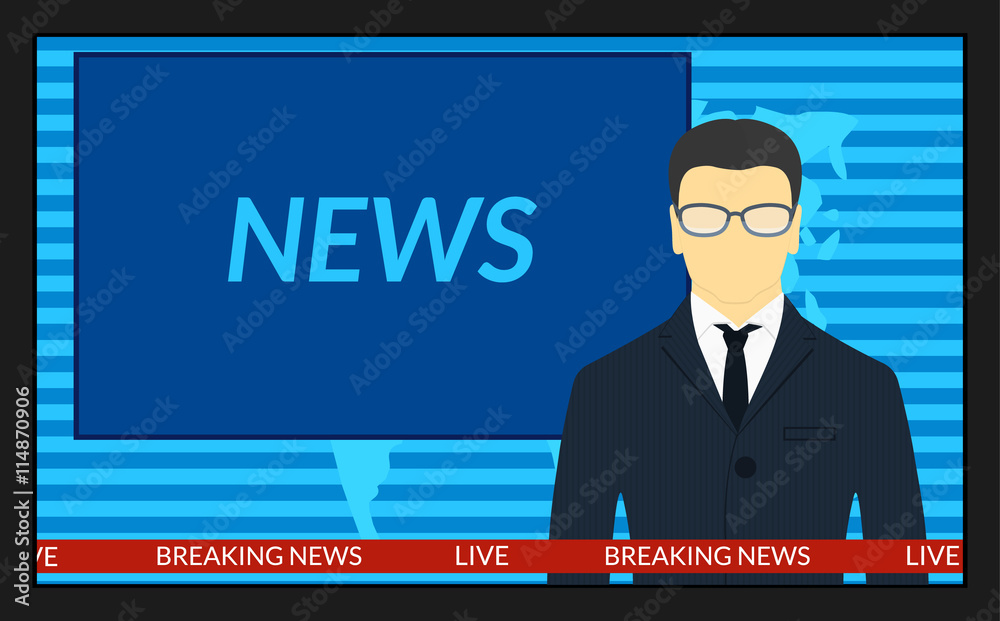 vector illustration.TV screen with the breaking news. Male news anchor ...