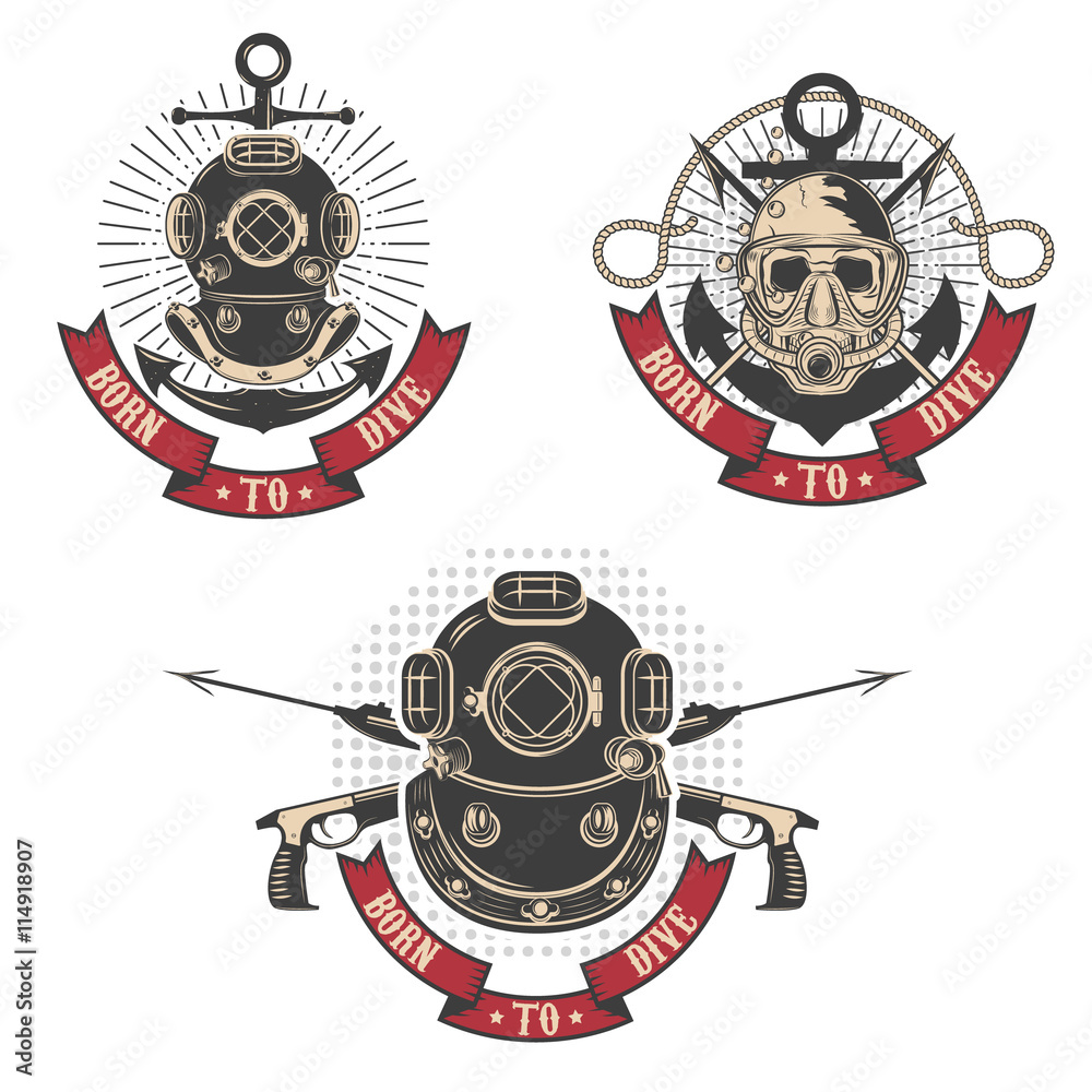Born to dive. Set of diving club labels templates. Vintage diver Stock ...