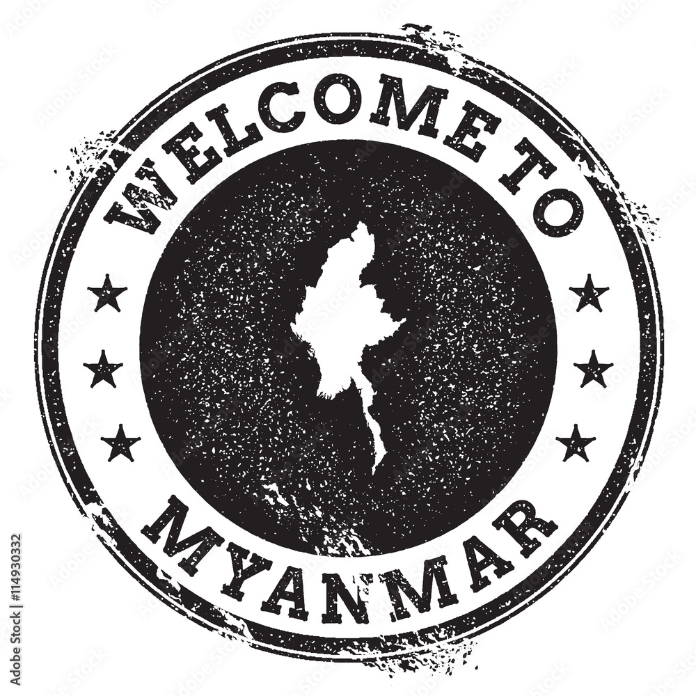 Vintage passport welcome stamp with Myanmar map. Grunge rubber stamp ...