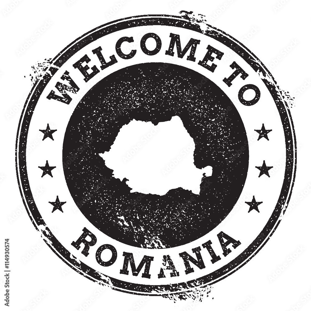 Vintage passport welcome stamp with Romania map. Grunge rubber stamp ...