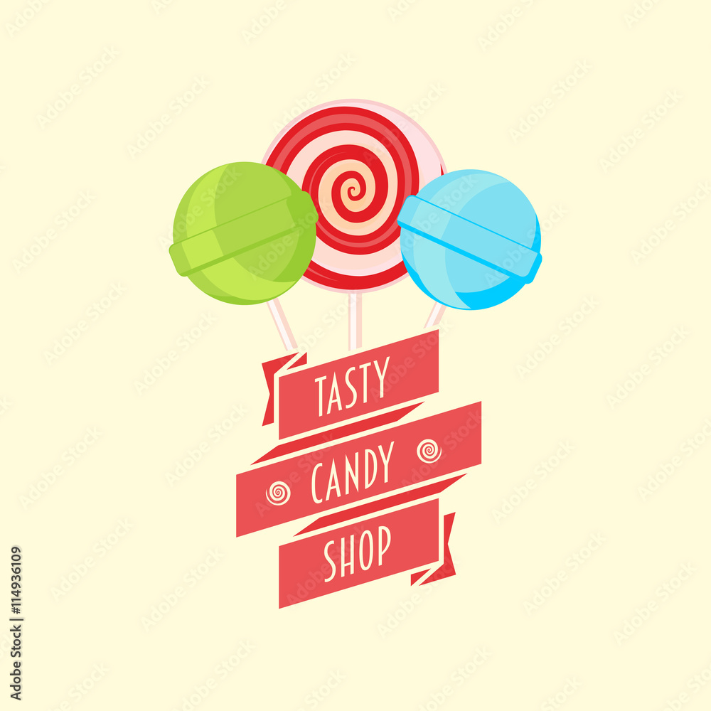 Candy shop logo, sign or symbol design template with three lollipops ...