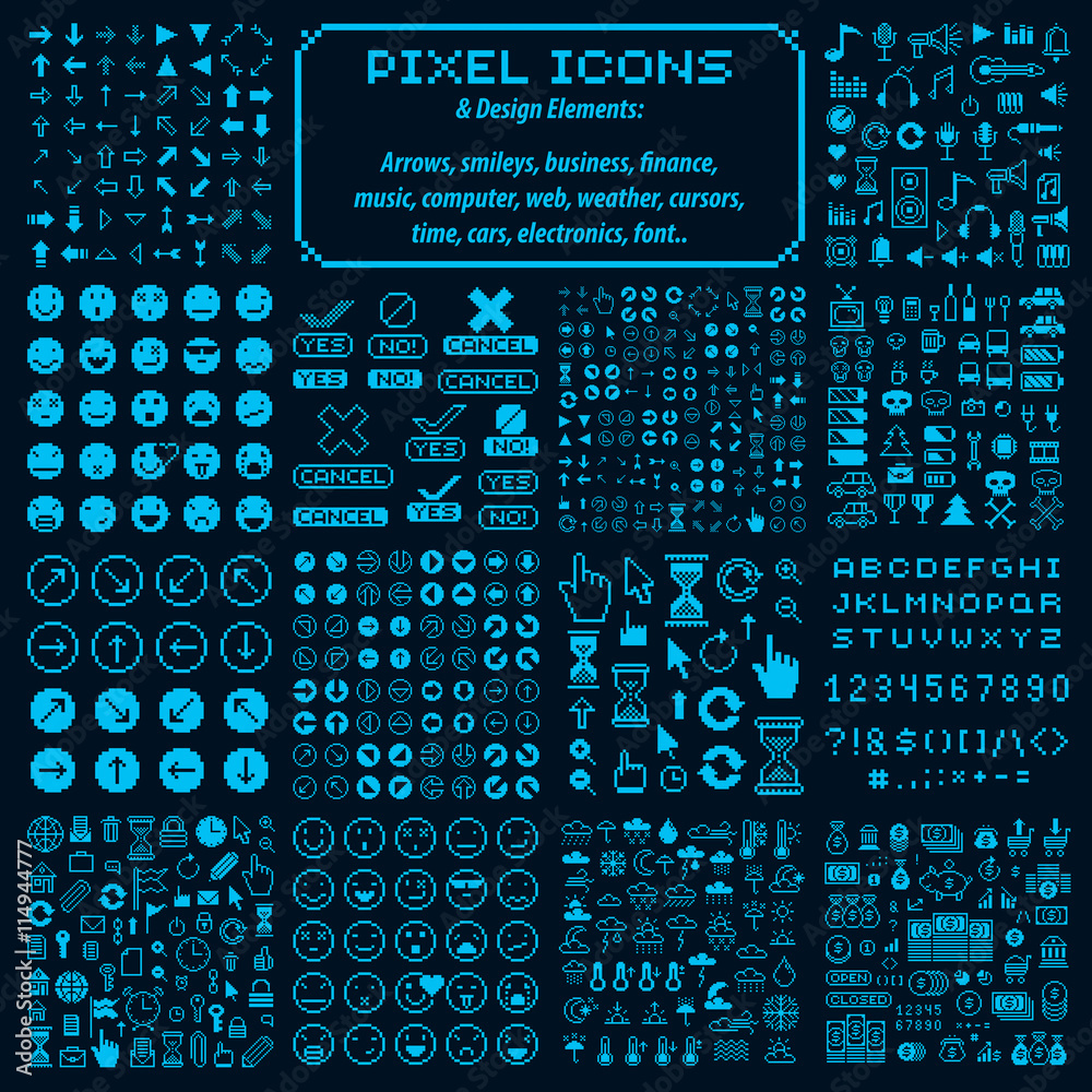 Vector pixel icons isolated, collection of 8bit graphic elements Stock ...
